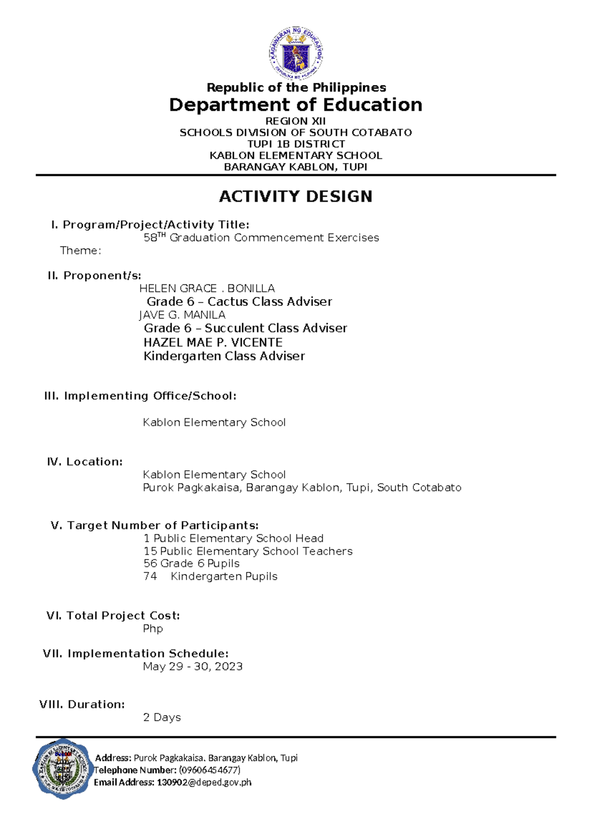 58th Graduation-Activity-Design - School Logo (0. inch) Department of ...