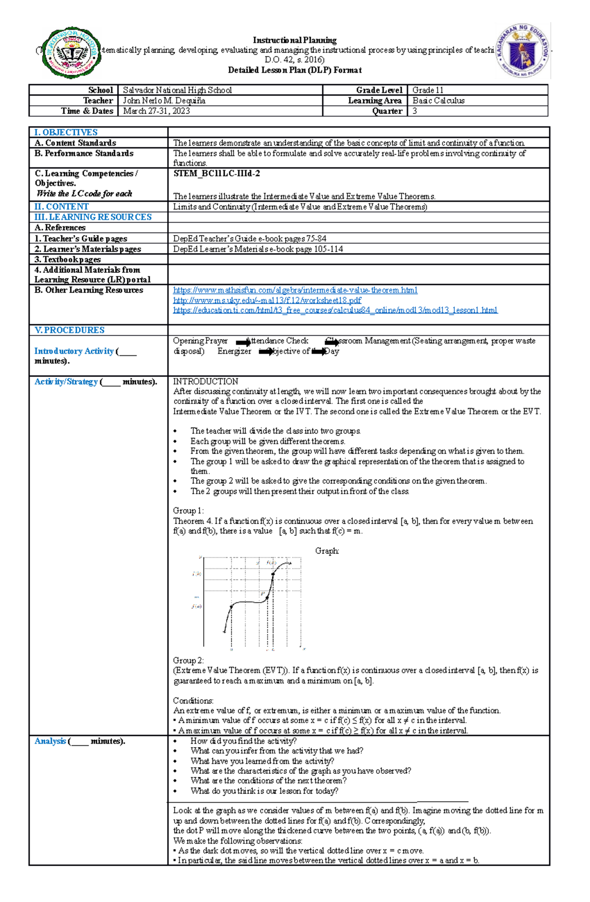 STEM BC11LC-IIId-2 - lesson plan in math - Instructional Planning (The process of systematically ...
