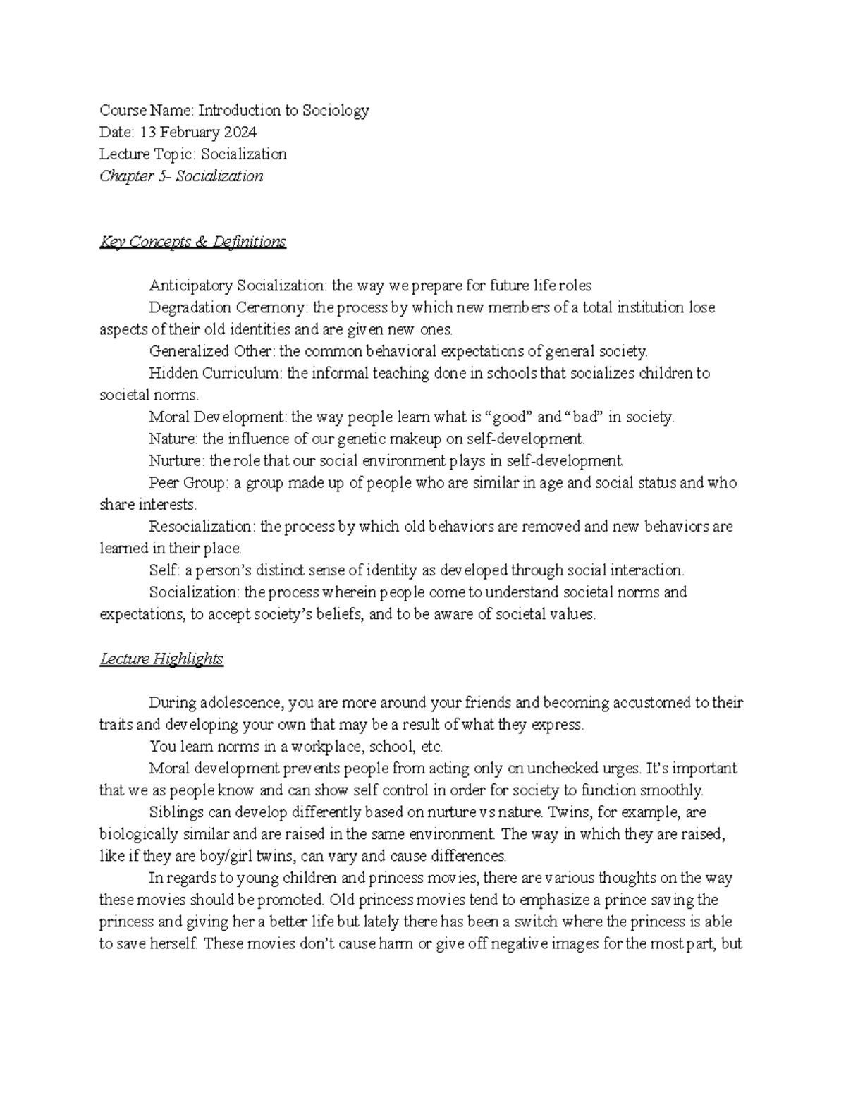 Introduction to Sociology Ch5 Notes - Course Name: Introduction to ...