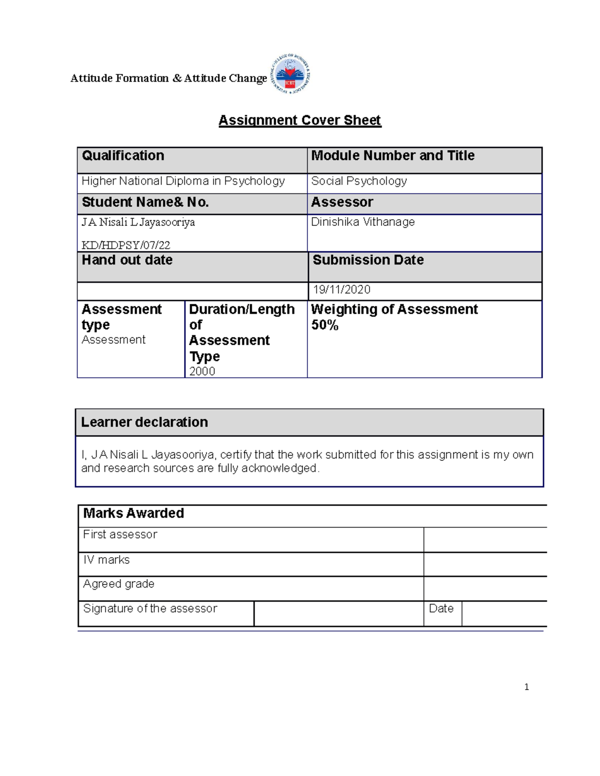 Social psy assignment 1 batch 07 - Assignment Cover Sheet Qualification ...