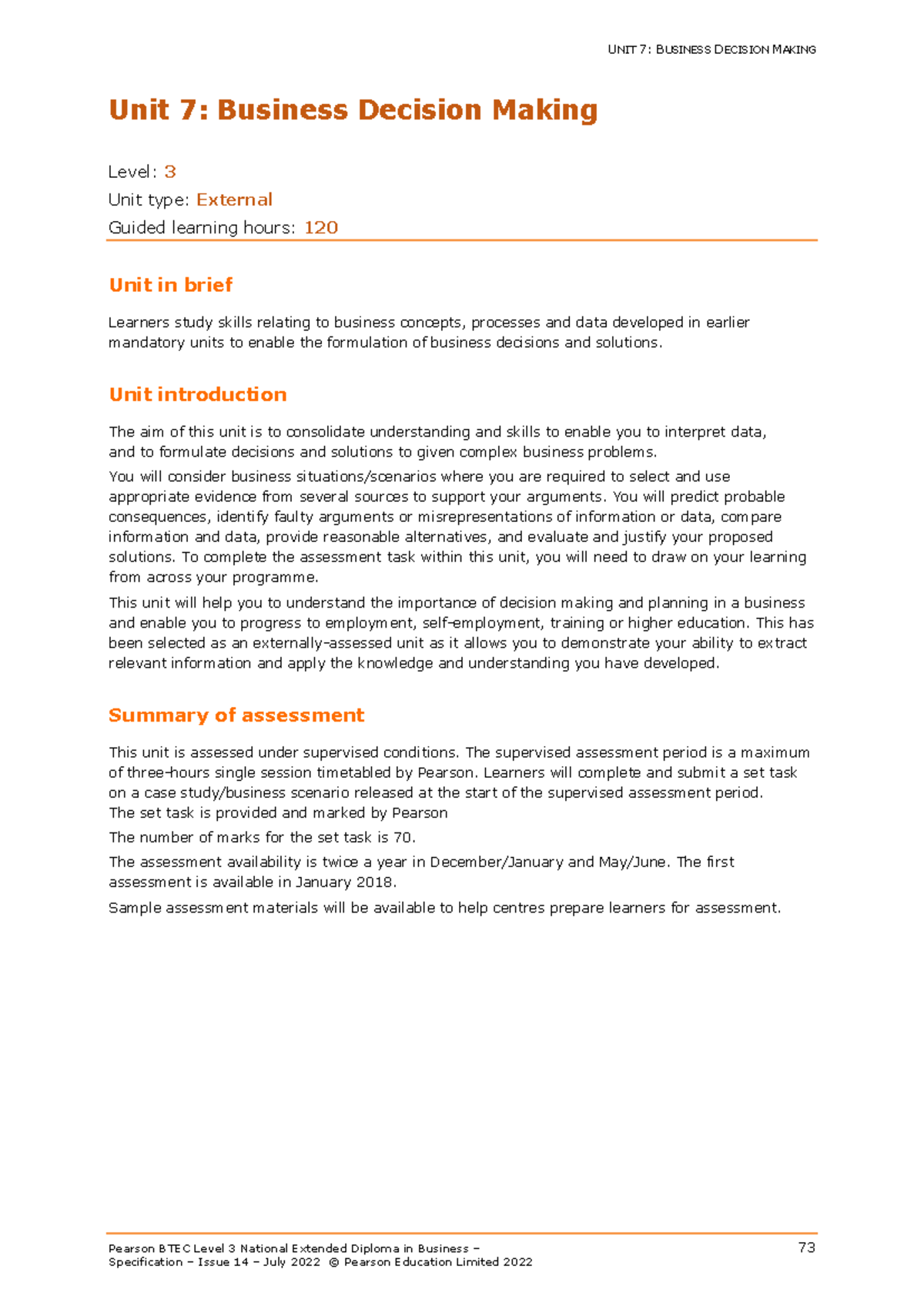 Unit 7 - Business Decision Making BTEC specification - Pearson BTEC ...