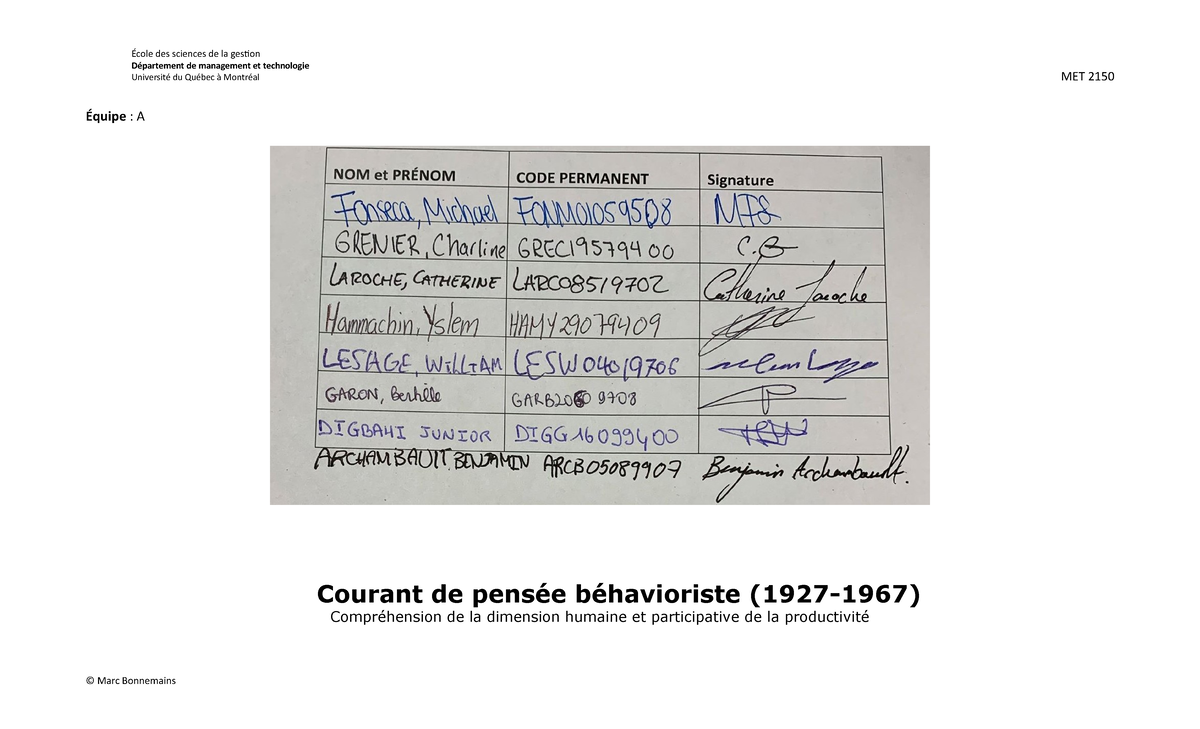 MET2150 Chapitre 4 Résumé contribution Courant de pensée Béhavioriste ...