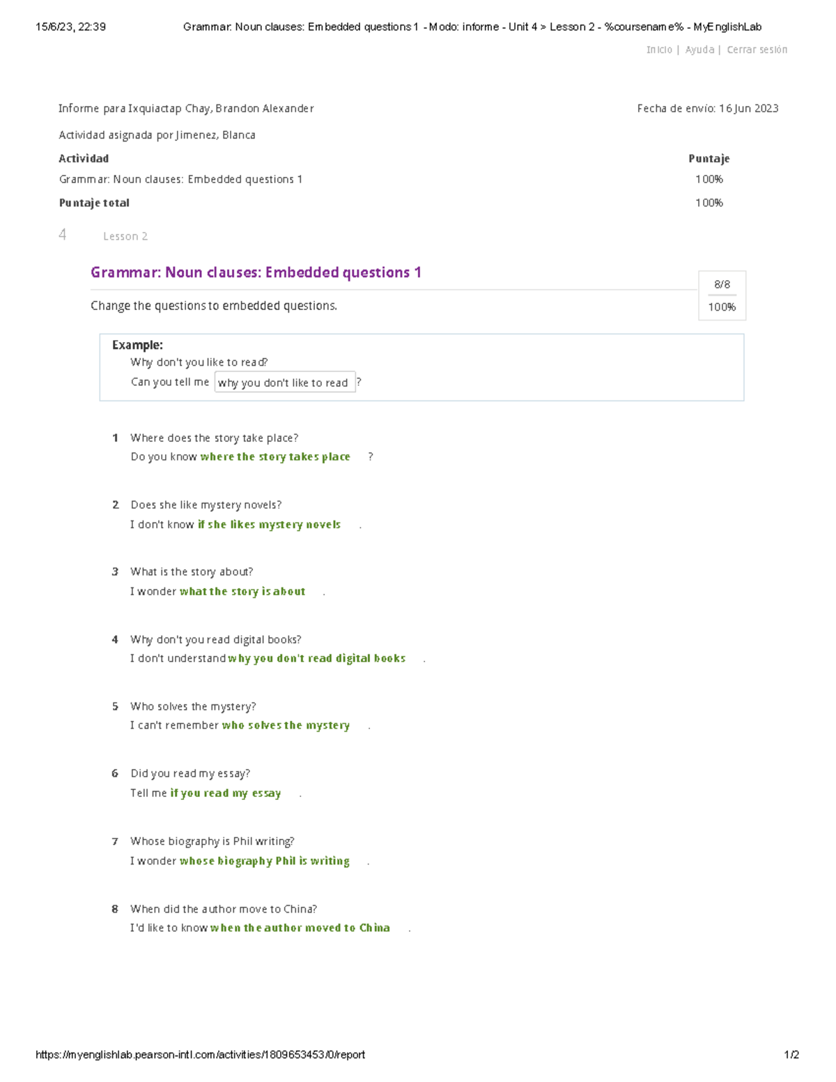 Grammar Noun clauses Embedded questions 1 - Modo informe - Unit 4 ...