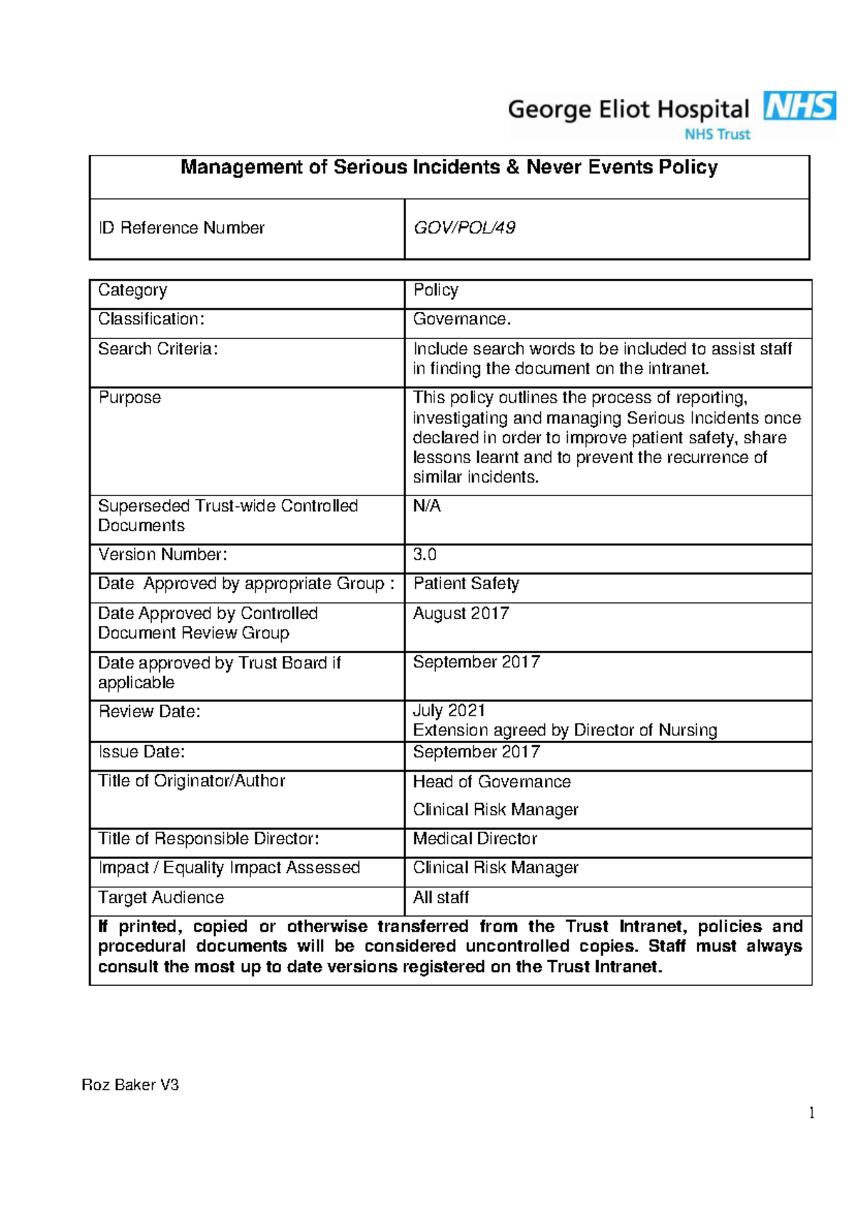 Management of Serious Incidents and Never Events Policy V3 - Management ...