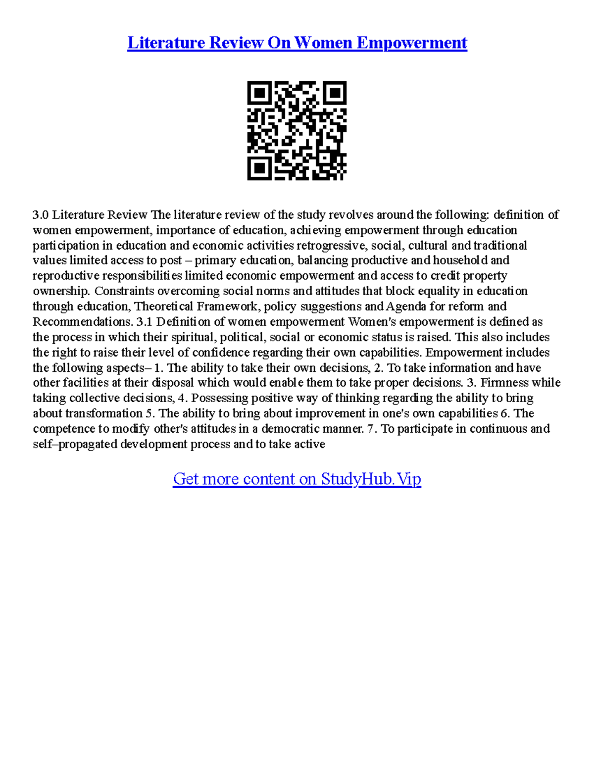 Women Empowerment Essays - Literature Review On Women Empowerment 3 ...