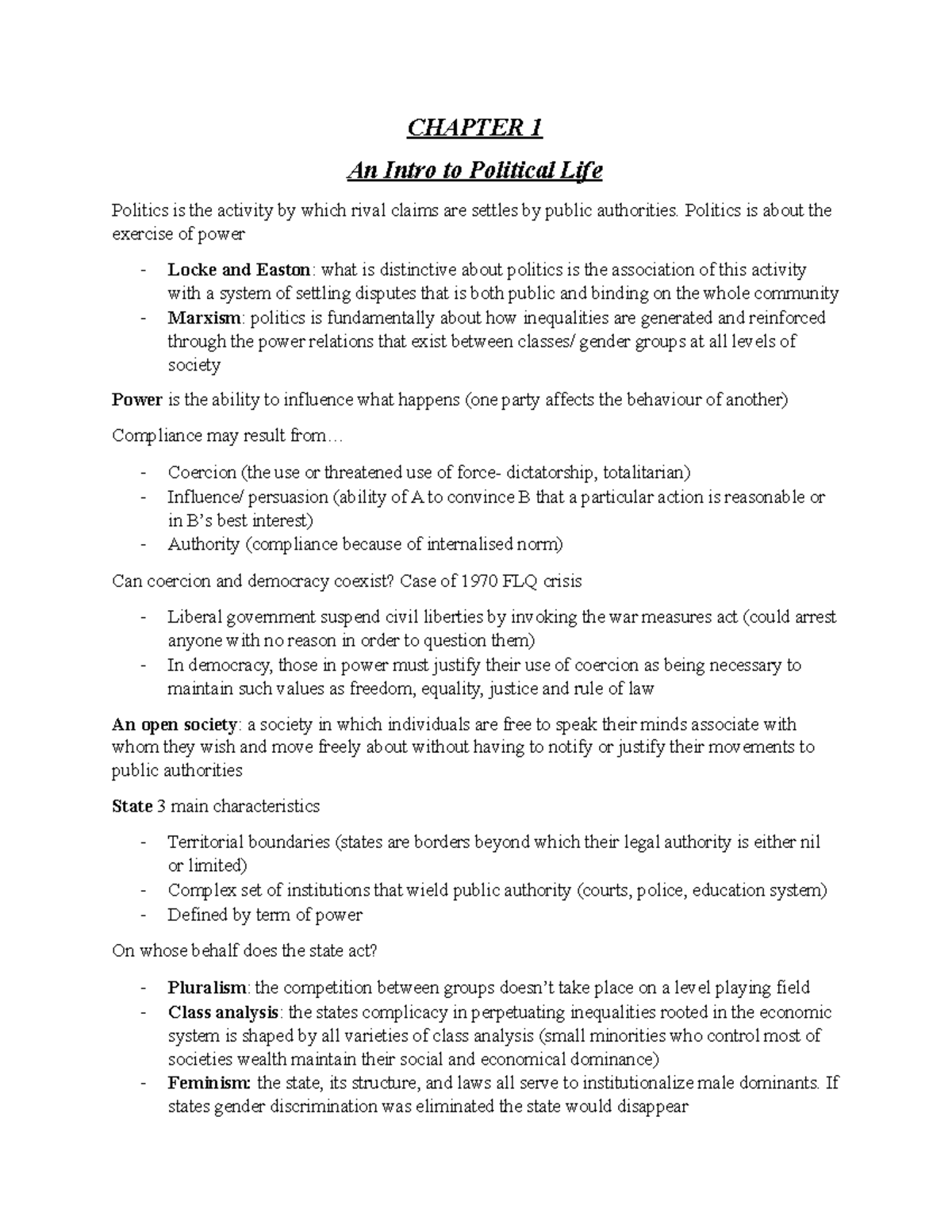 Politics 1-4 - Lecture notes 1-4 - CHAPTER 1 An Intro to Political Life ...