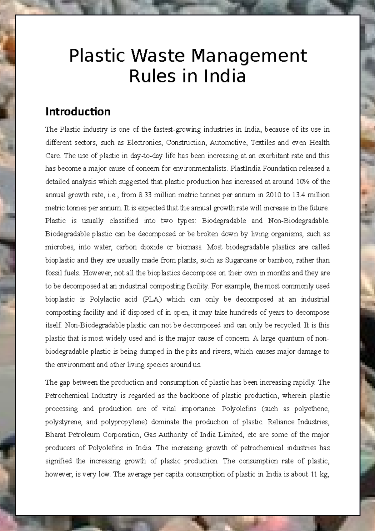 EVS - Plastic Waste Management Rules in India Introduction The Plastic ...