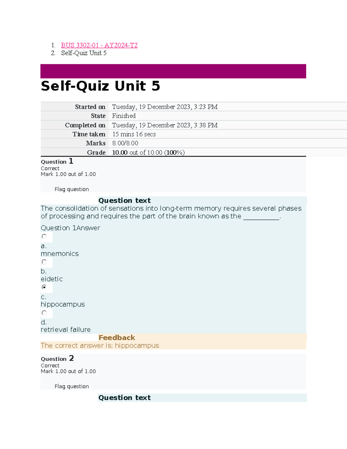 BUS 3302 Selfquiz 5 - Self quiz questions - 1. BUS 3302-01 - AY2024-T 2. Self-Quiz Unit 5 Self ...