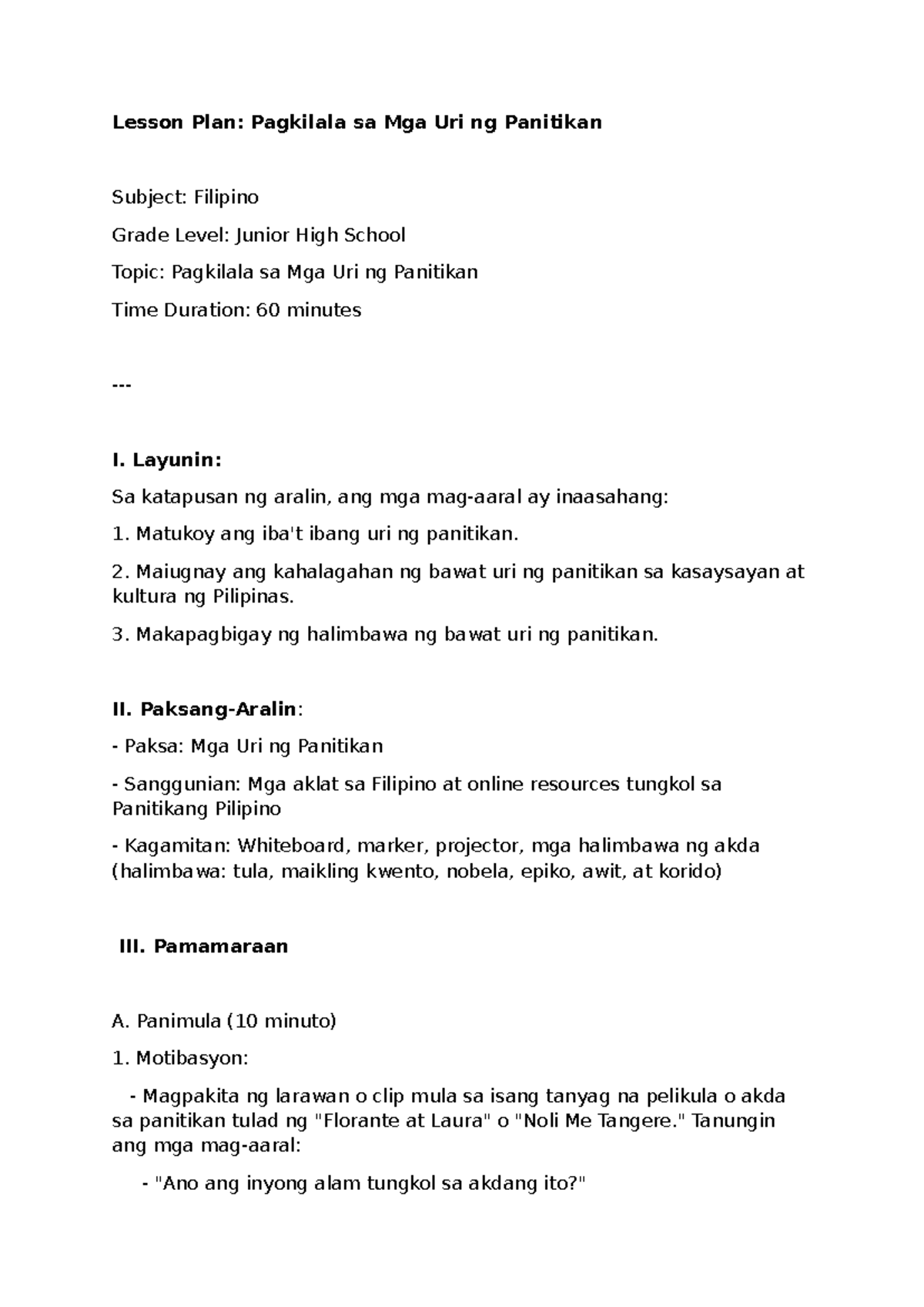 Lesson Plan sa Filipino - Lesson Plan: Pagkilala sa Mga Uri ng ...