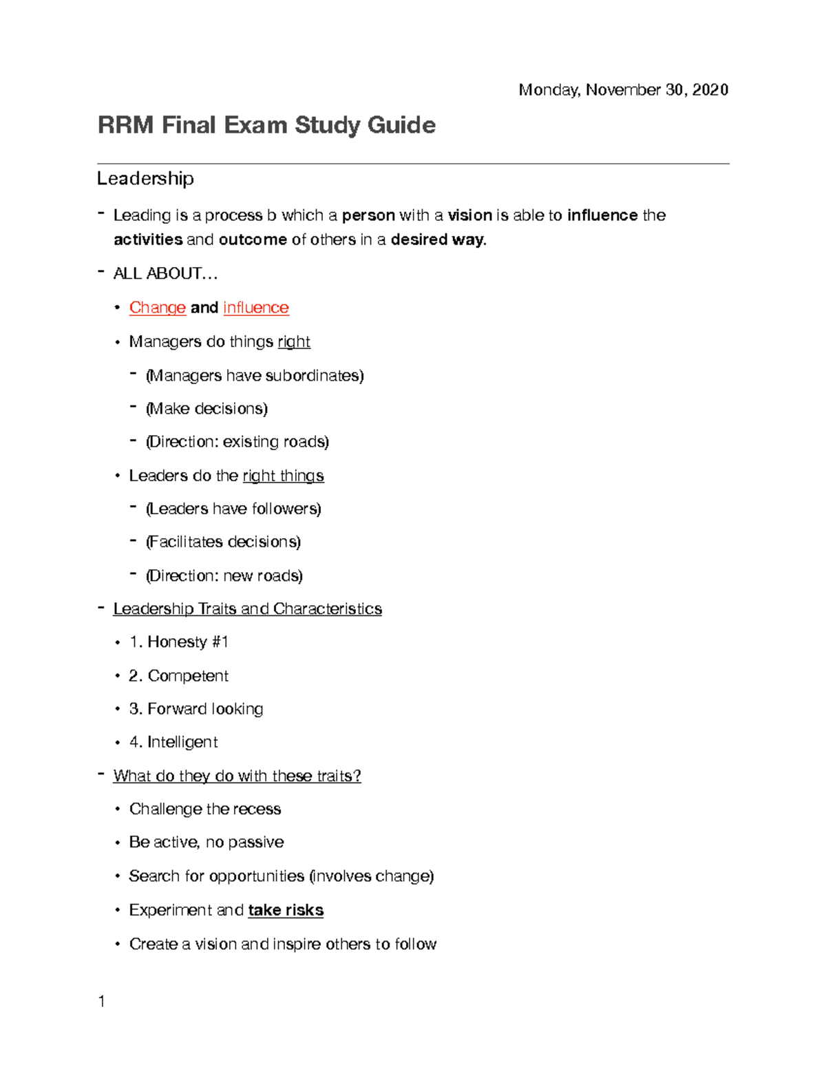 Final Study Guide - RRM Final Exam Study Guide Leadership - Leading is ...