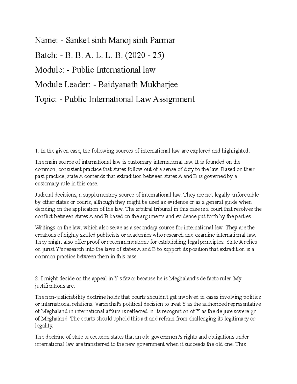 Public International Law Assignment - Name: - Sanket sinh Manoj sinh Parmar Batch: - B. B. A. L ...