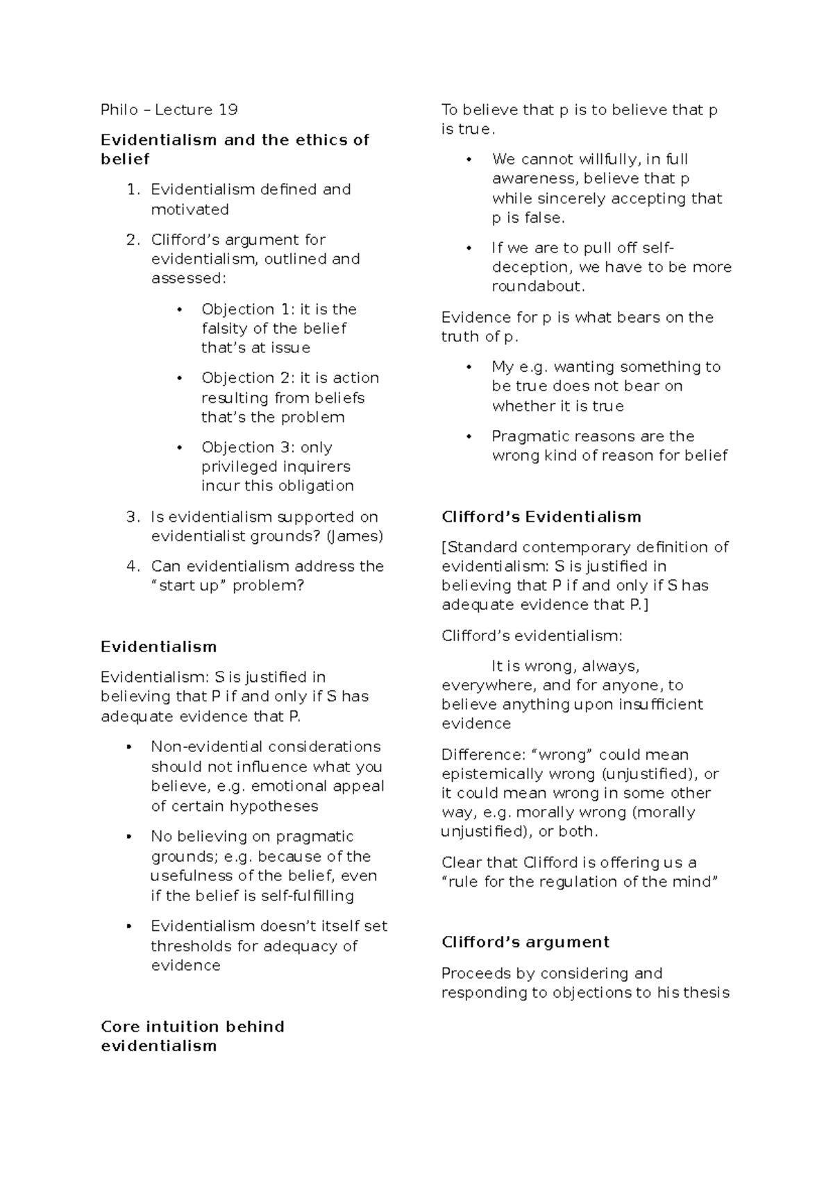 Philo - lecture 19 - Philo – Lecture 19 Evidentialism and the ethics of ...