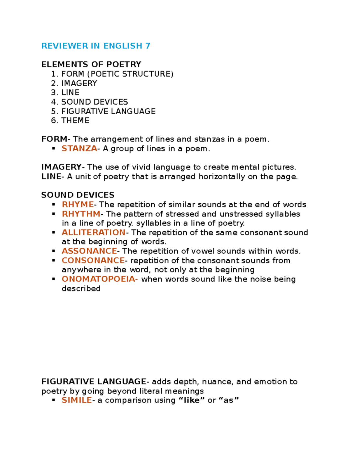 Reviewer IN English 7 Notes - REVIEWER IN ENGLISH 7 ELEMENTS OF POETRY ...