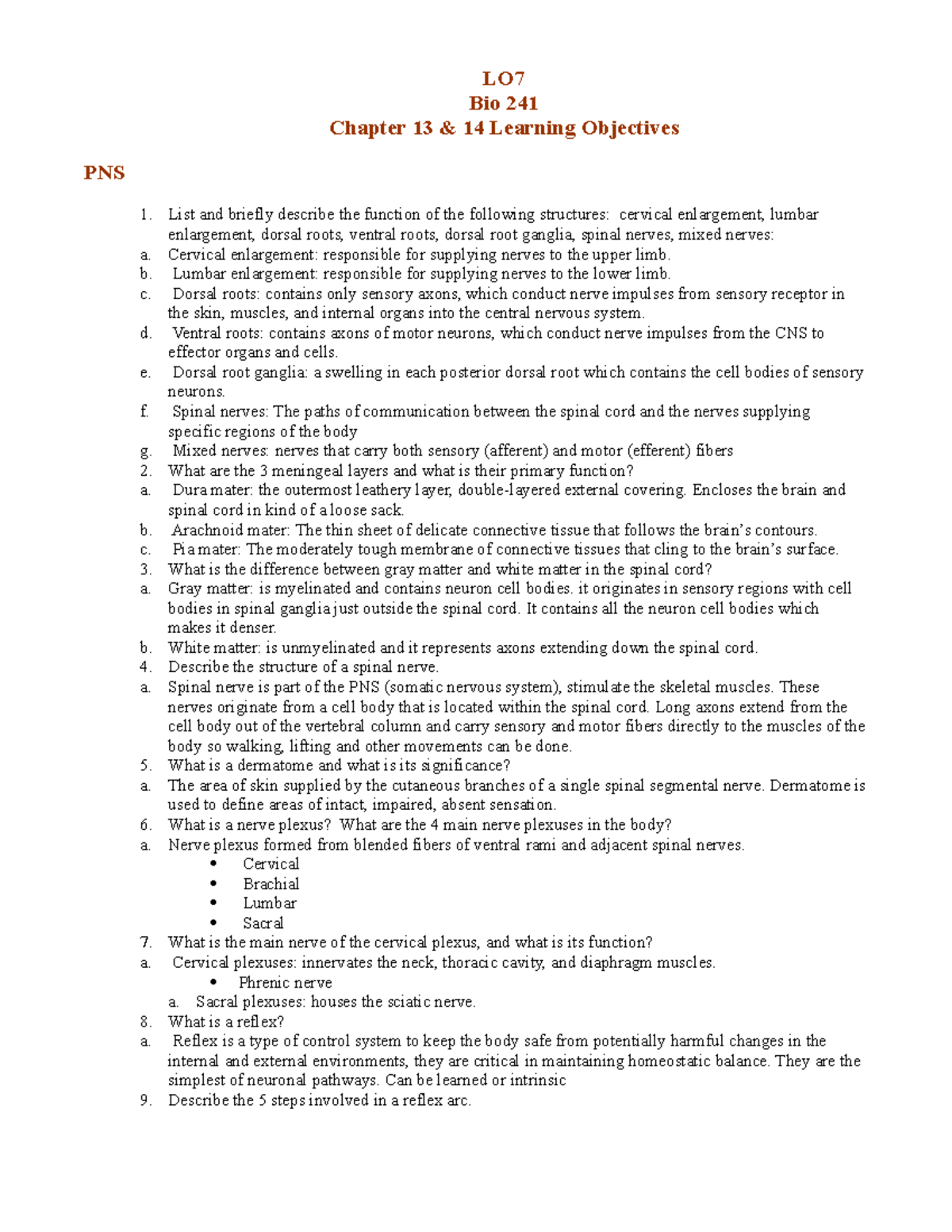 ANP LO 7 - learning objective - LO Bio 241 Chapter 13 & 14 Learning ...
