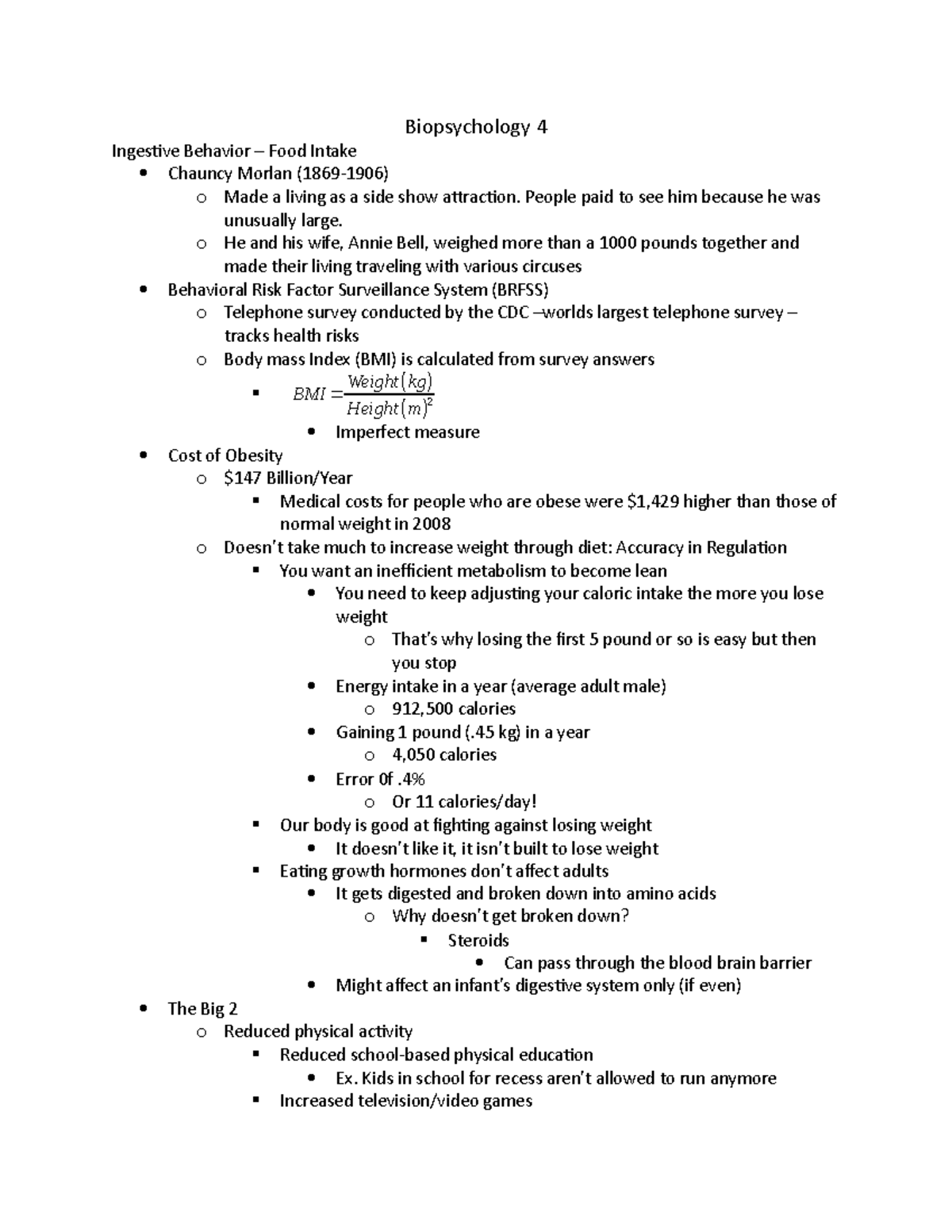 Biopsychology 4 - Lecture notes Unit 4 - Biopsychology 4 Ingestive ...