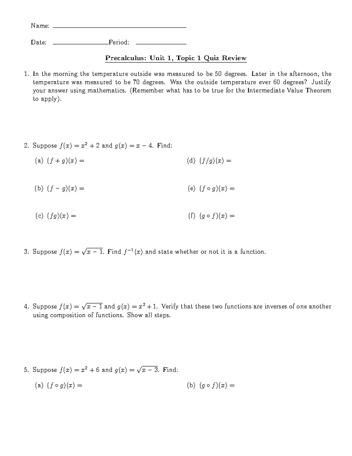 Review Unit 1 Topic 1 Name Date Period Precalculus Unit 1 Topic 1 Quiz Review In The