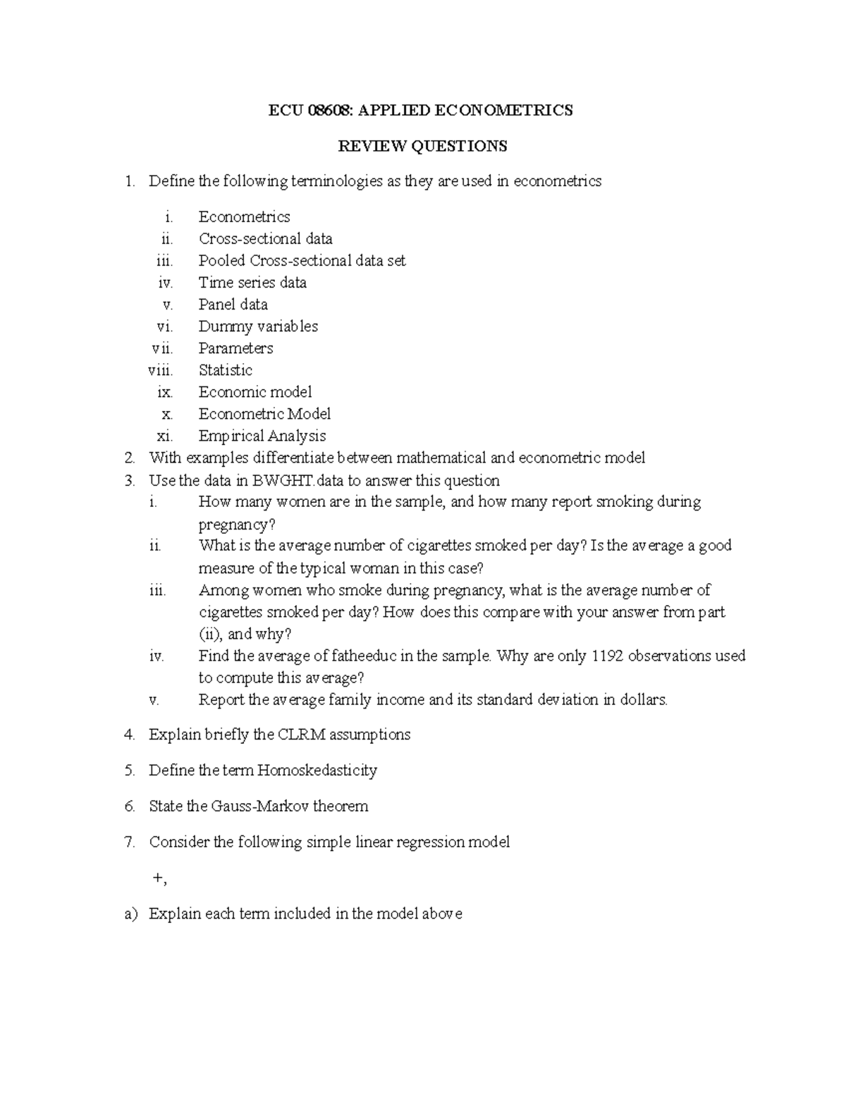 Maswali ya Applied Econometric Tutorial set 1 - ECU 08608: APPLIED ECONOMETRICS REVIEW QUESTIONS ...