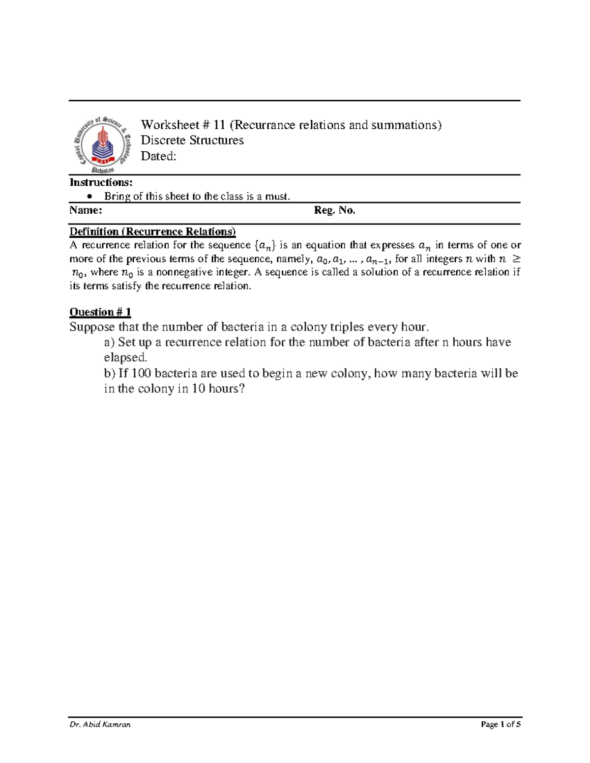 Class work sheet 11a - Worksheet # 11 (Recurrance relations and ...