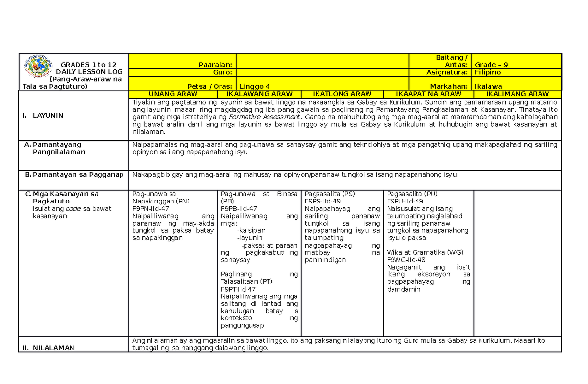 DLL Filipino 9 2ngd Grading (Topic 3) - GRADES 1 to 12 DAILY LESSON LOG ...