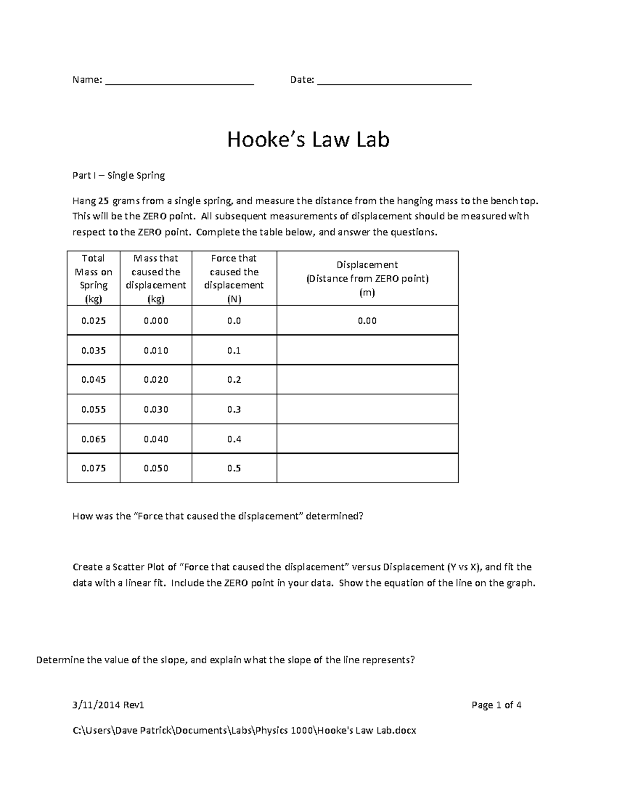 Hookes Law Lab - 3/ 11/2014 Rev 1 Page 1 of 4 Name ...