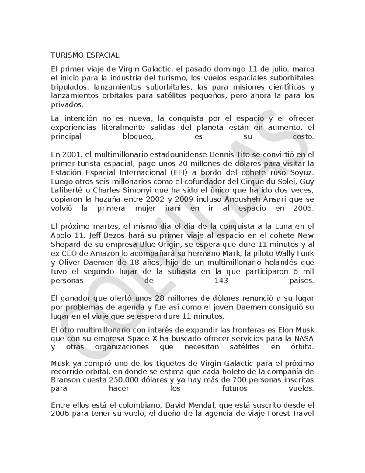 Ensayo del Turismo Espacial - TURISMO ESPACIAL El primer viaje de ...