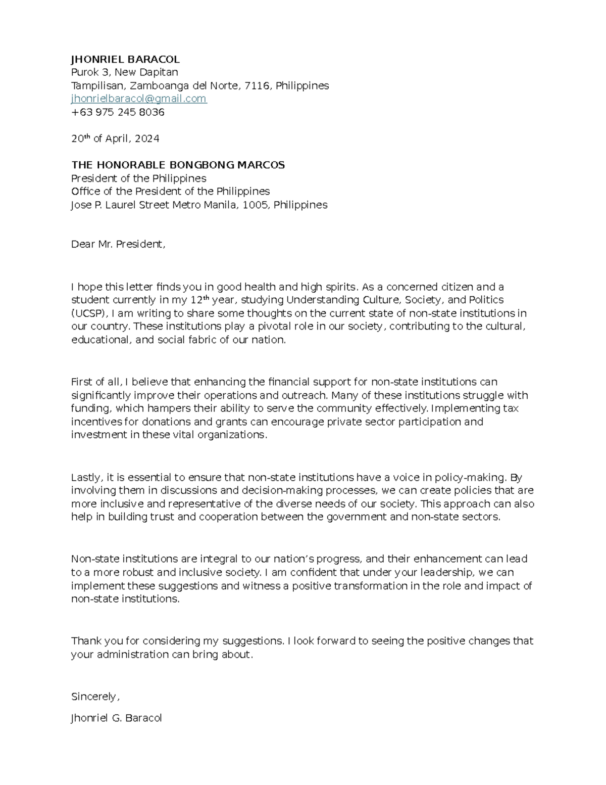 UCSP Letter - JHONRIEL BARACOL Purok 3, New Dapitan Tampilisan ...