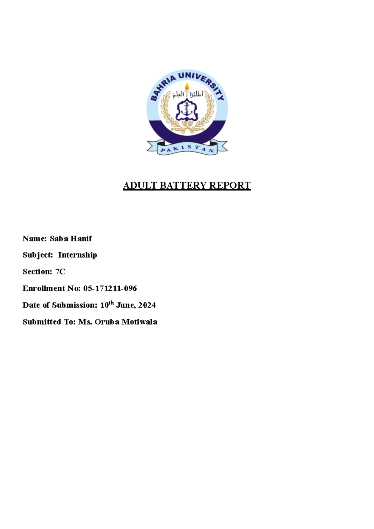 Adult Battery Report SABA-1 - ADULT BATTERY REPORT Name: Saba Hanif ...