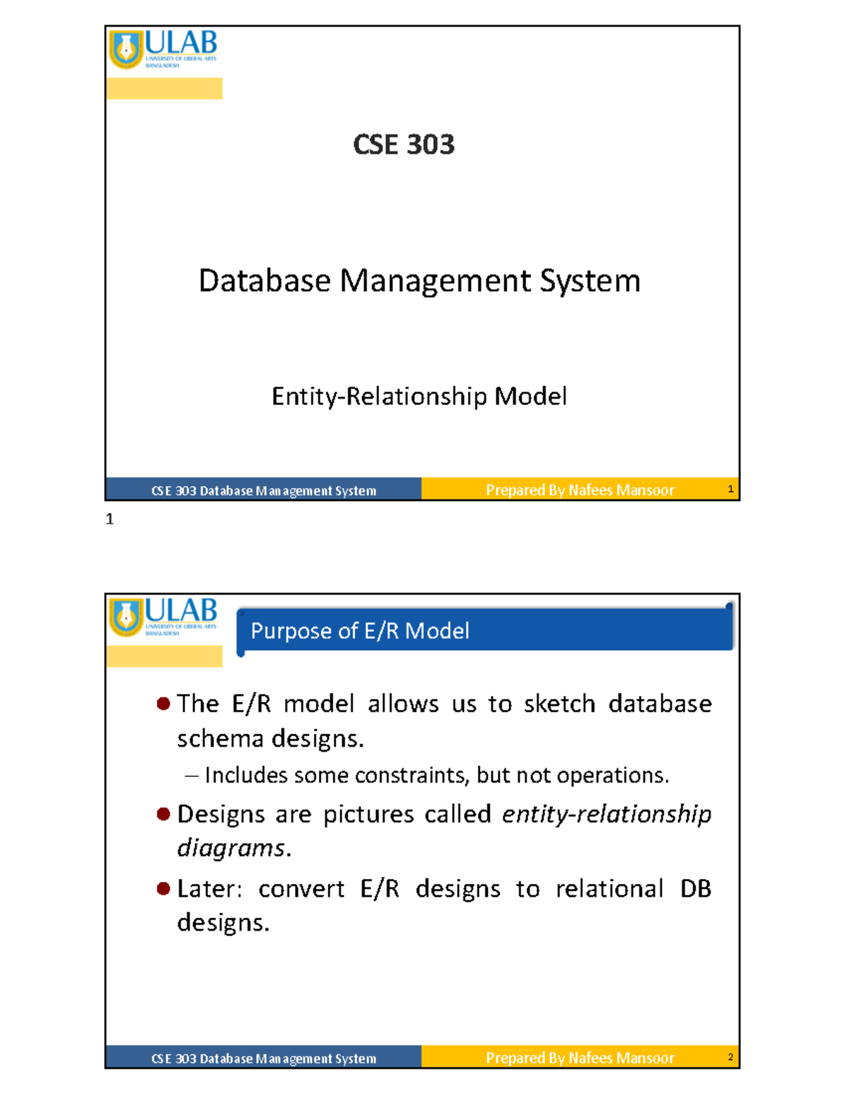 Cse 303 Lecture Erd1pdf Cse 303 Database Management System Prepared By Nafees Mansoor 1