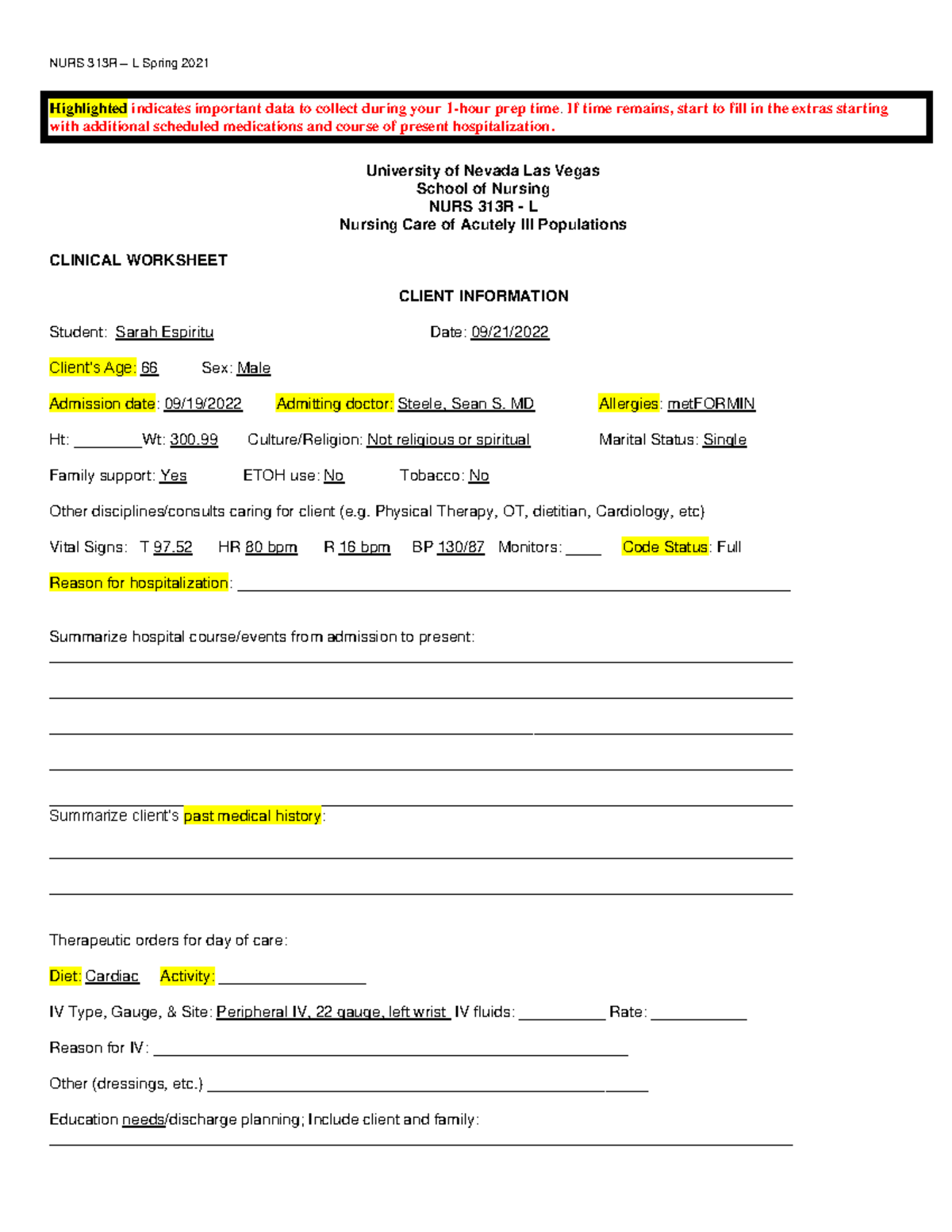 Nurs 313R clinical worksheet week 2 copy - NURS 313R – L Spring 2021 ...