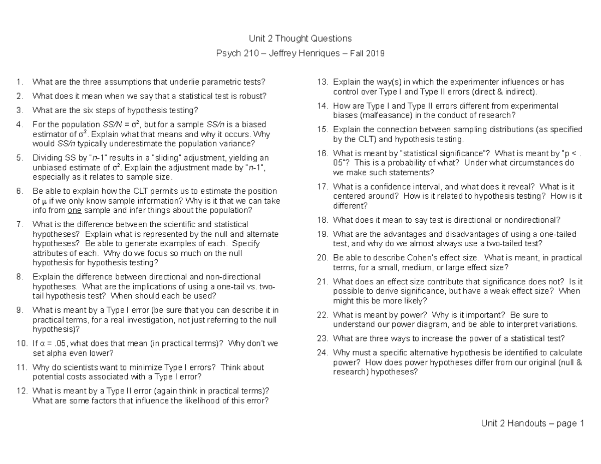 Unit2-Qs - Psych 210 Fall 2019 Jeffery Henriques - Unit 2 Thought ...