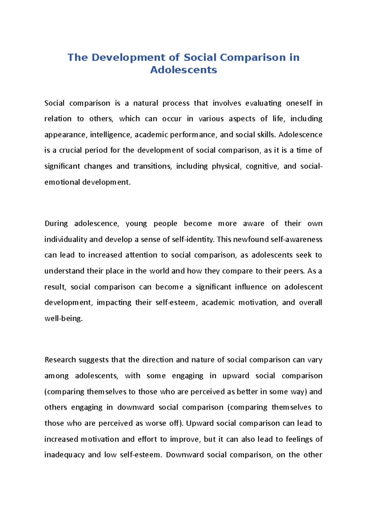 The Development of Social Comparison in Adolescents - The Development ...