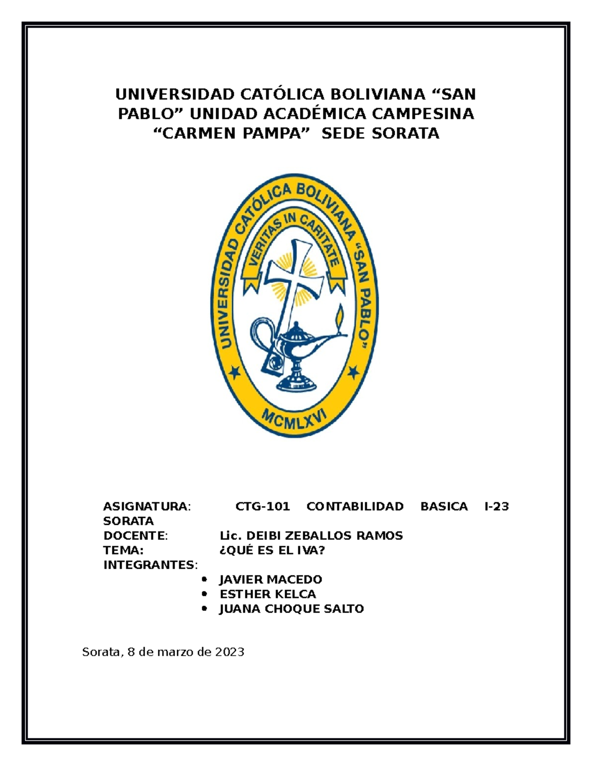 El IVA - DSFSDF - UNIVERSIDAD CATÓLICA BOLIVIANA “SAN PABLO” UNIDAD ACADÉMICA CAMPESINA “CARMEN ...