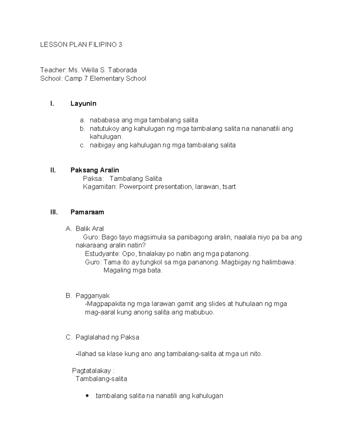 LP EDUC 12 Final - Lecture notes - LESSON PLAN FILIPINO 3 Teacher: Ms ...
