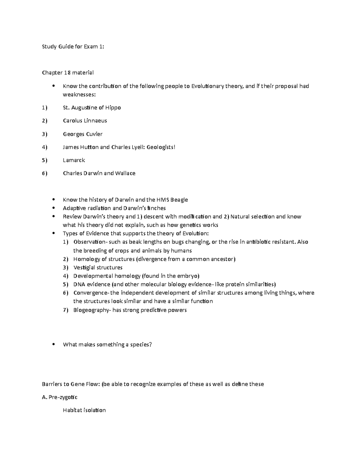 Study Guide For Exam 1-1 BIO 112 INTRO TO BIO II. TEXAS A&M UNIVERSITY ...