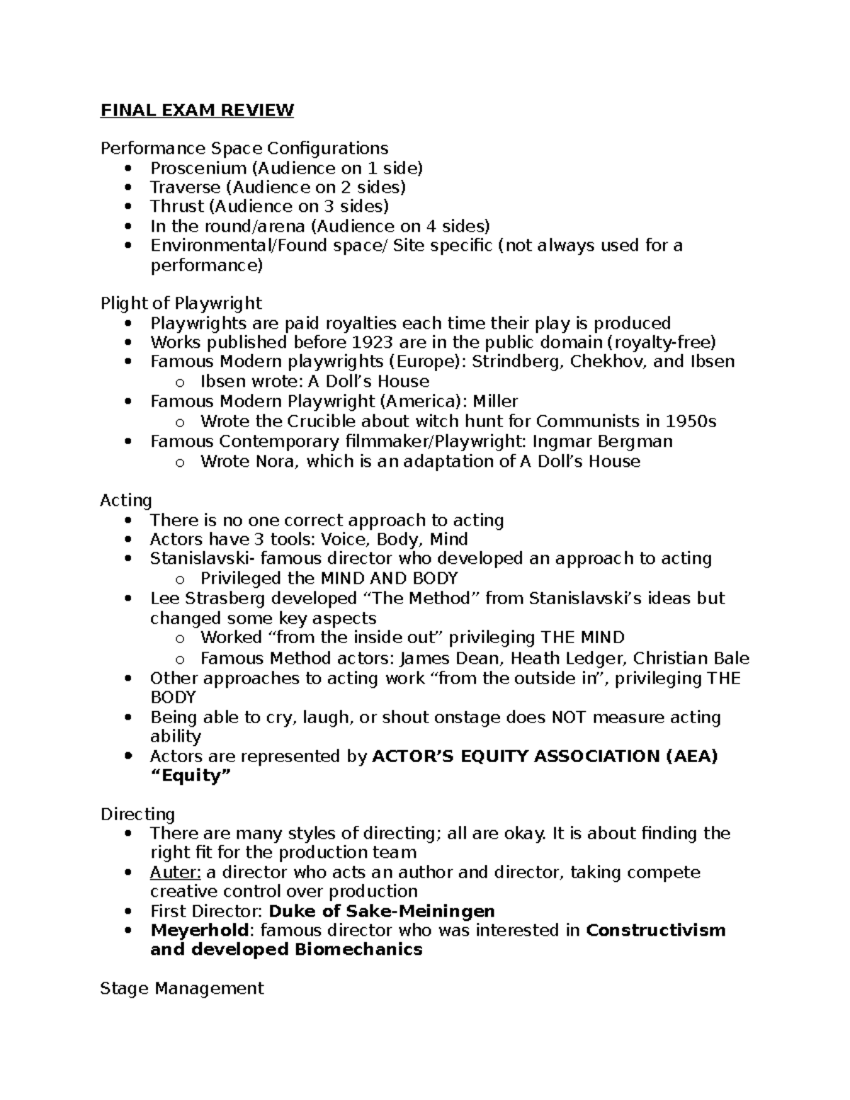 Theatre Notes 12-7-15 Final EXAM Review - FINAL EXAM REVIEW Performance ...