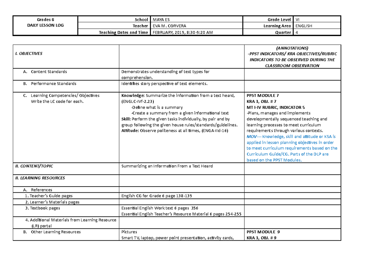 COT DLP English 6 Q4 Summarizing Informations Heard, with Annotations ...