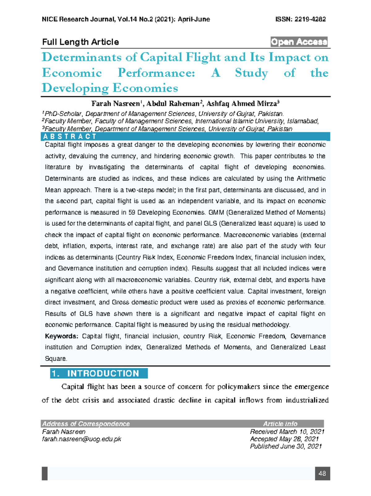 Determinants of Capital Flight and Its I - Full Length Article Open ...