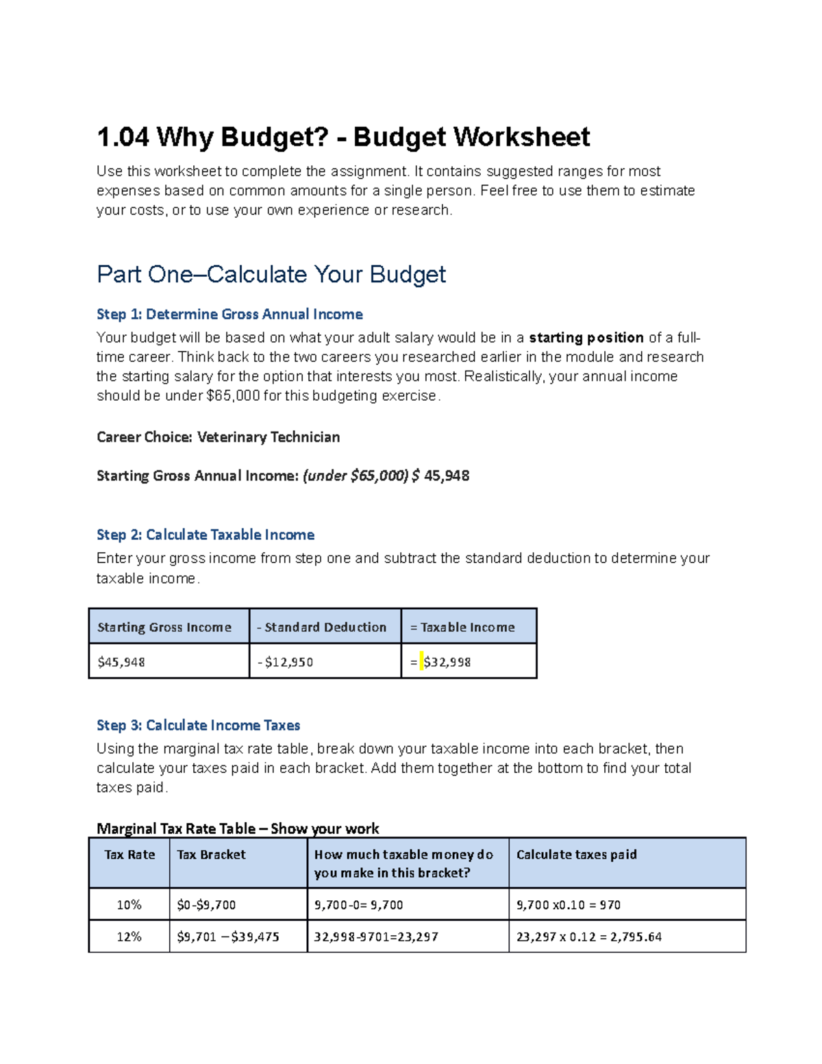 Budget worksheet Autumn Fiore 1 - 1 Why Budget? - Budget Worksheet Use ...