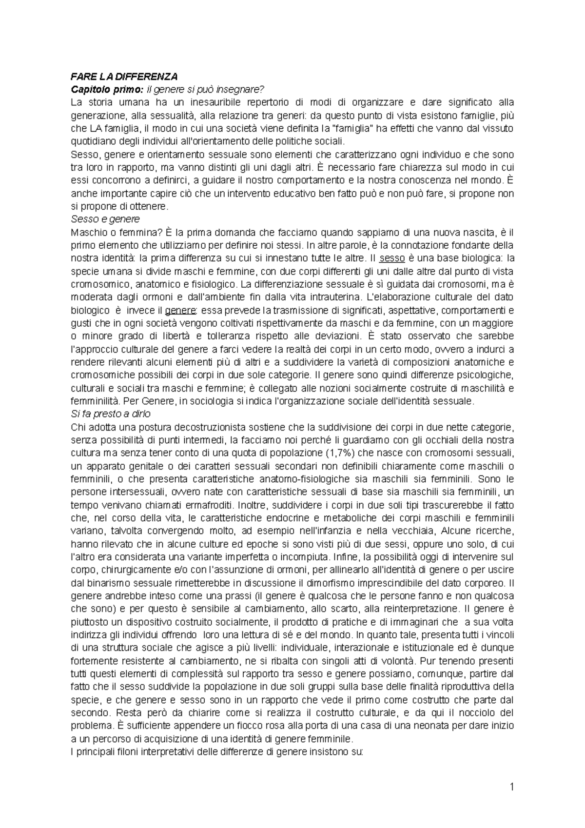 Riassunto Fare la differenza - FARE LA DIFFERENZA Capitolo primo: il ...