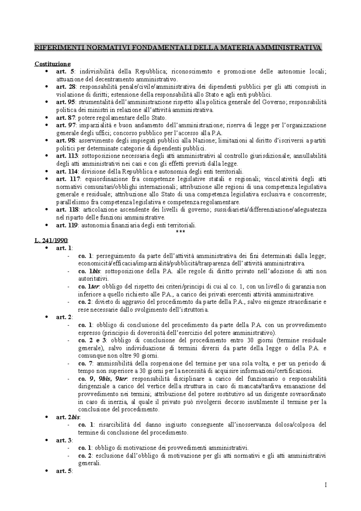 Riferimenti Normativi Fondamentali Della Materia Amministrativa ...