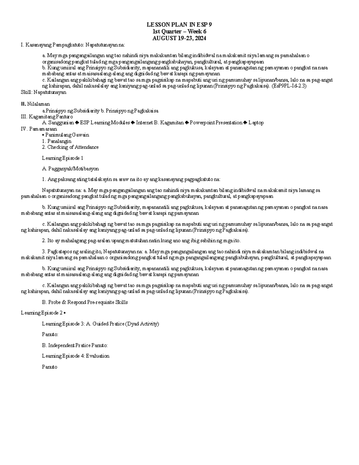 Lesson PLAN IN ESP 9 week 6 - LESSON PLAN IN ESP 9 1st Quarter – Week 6 ...