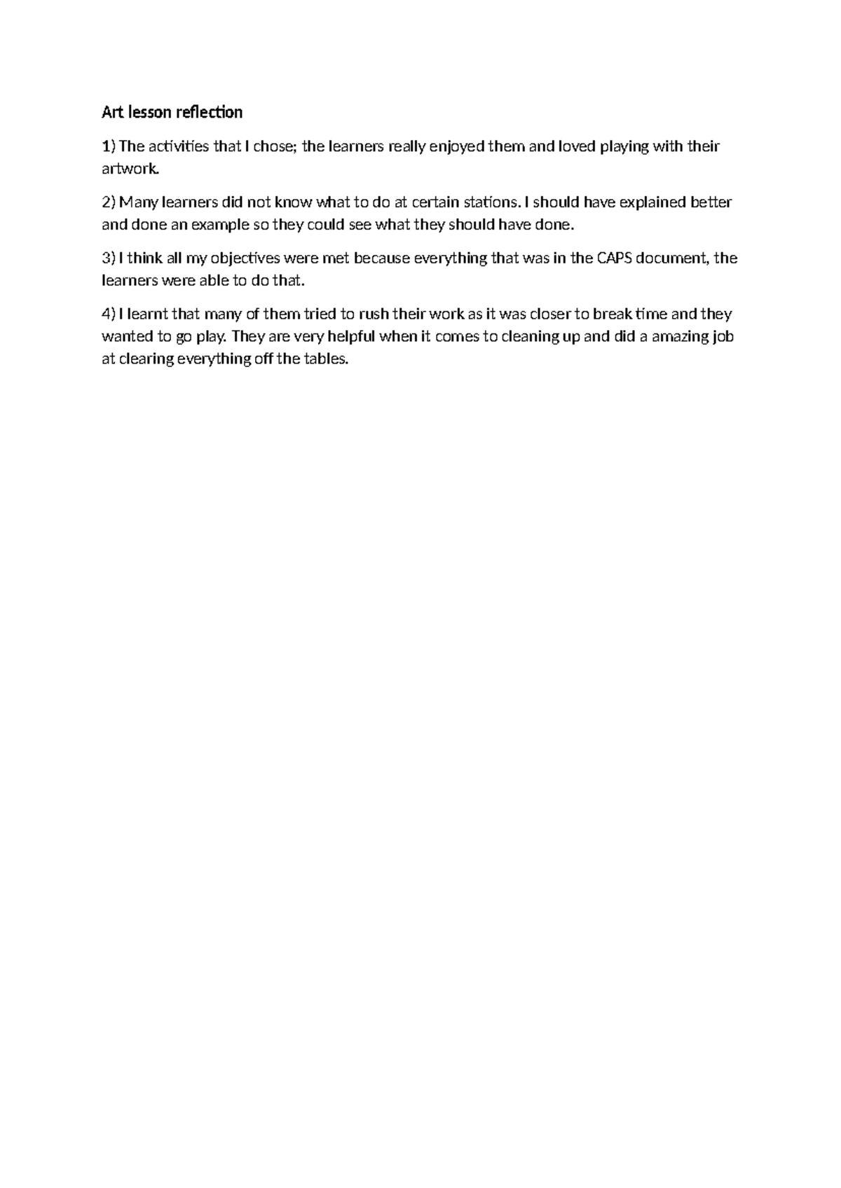 Art lesson reflection - Art lesson reflection The activities that I ...