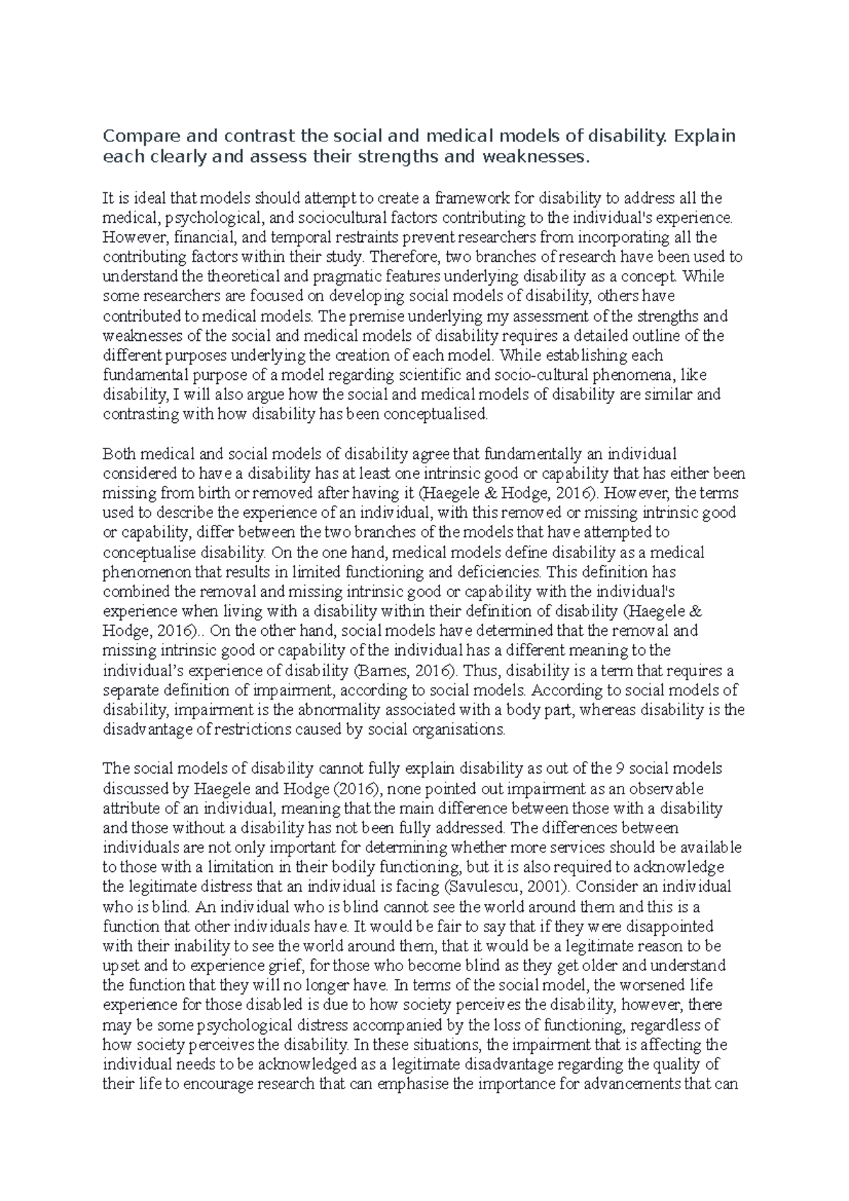 Compare and contrast the social and medical models of disability ...