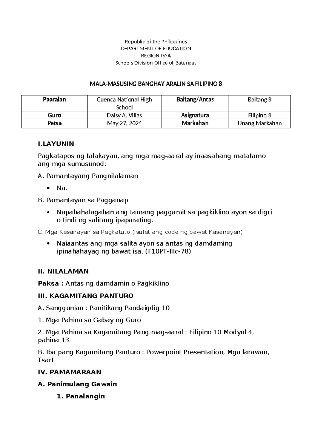 Davfilipino 10 - lesson plan - Republic of the Philippines DEPARTMENT ...
