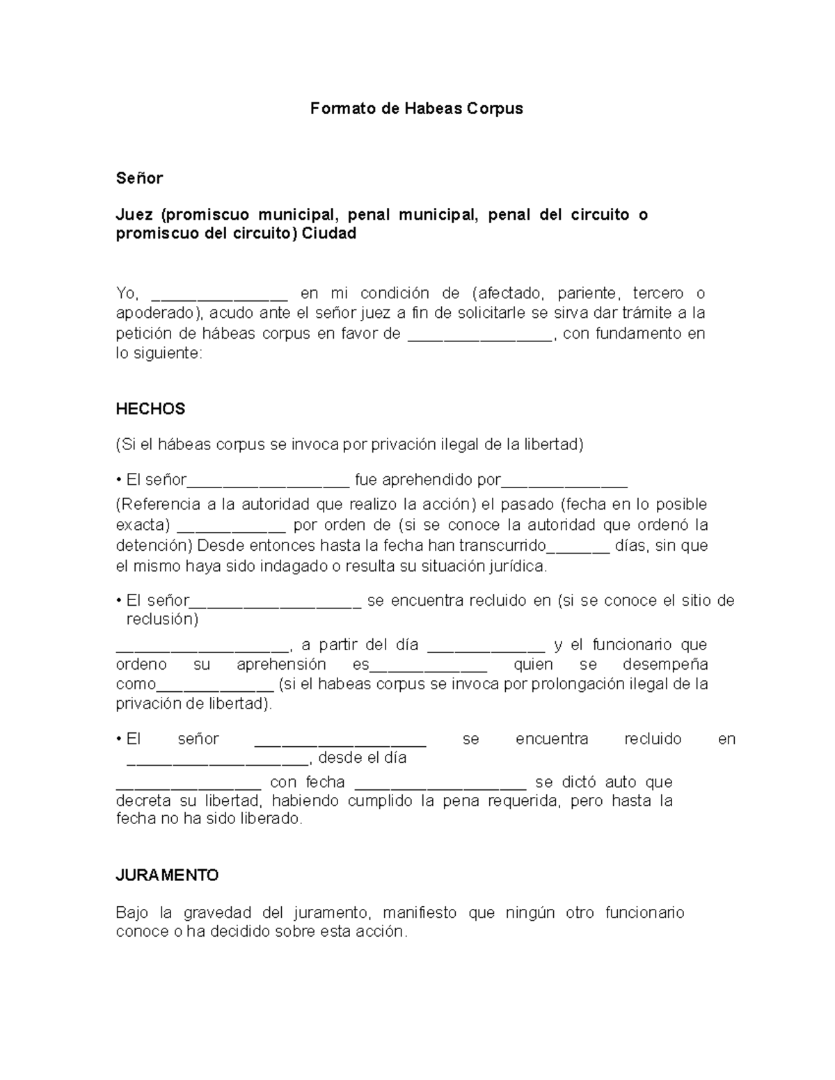 5349 Formato Habeas Corpus Formato De Habeas Corpus Señor Juez