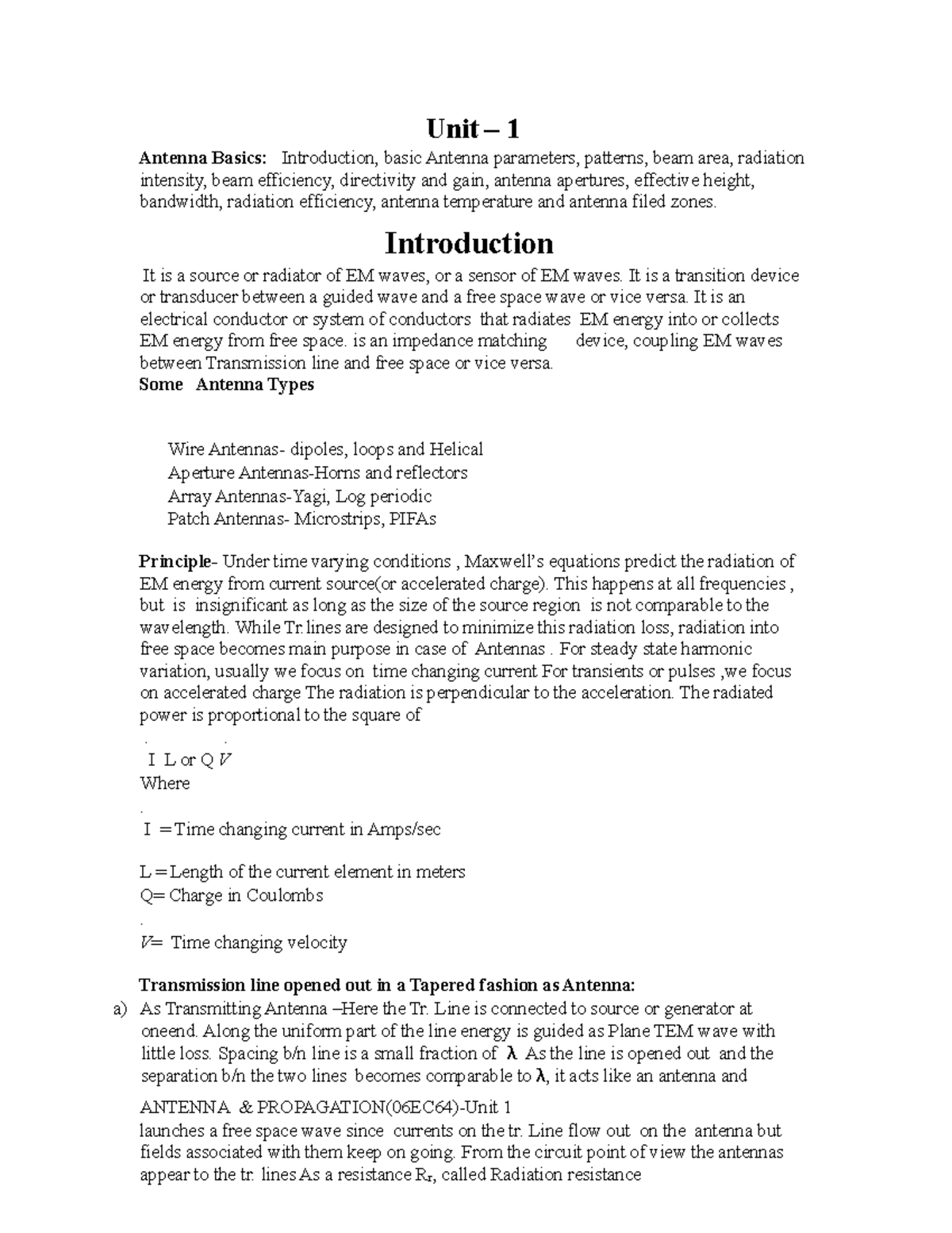 Antennas and Wave Propagation - Unit – 1 Antenna Basics: Introduction ...