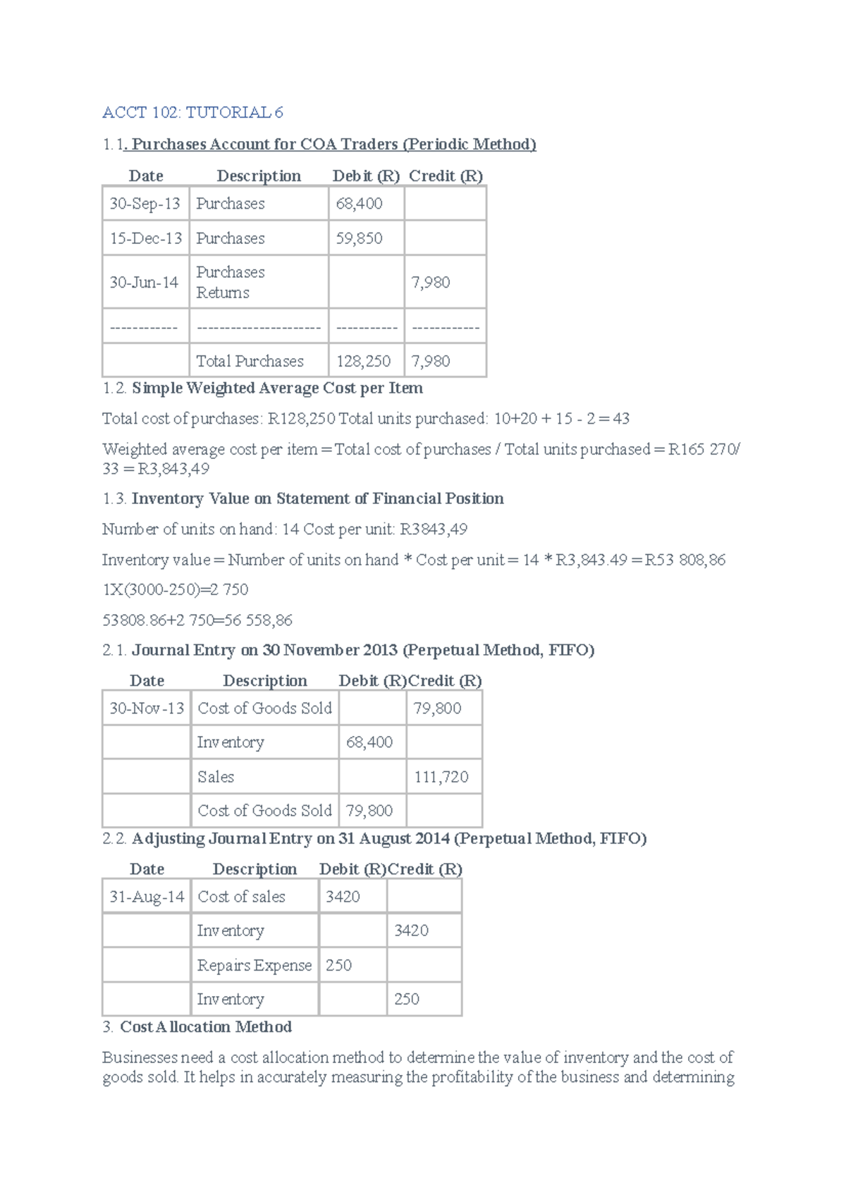 ACCT 102 Tutorial 6 - ACCT 102: TUTORIAL 6 Purchases Account for COA ...