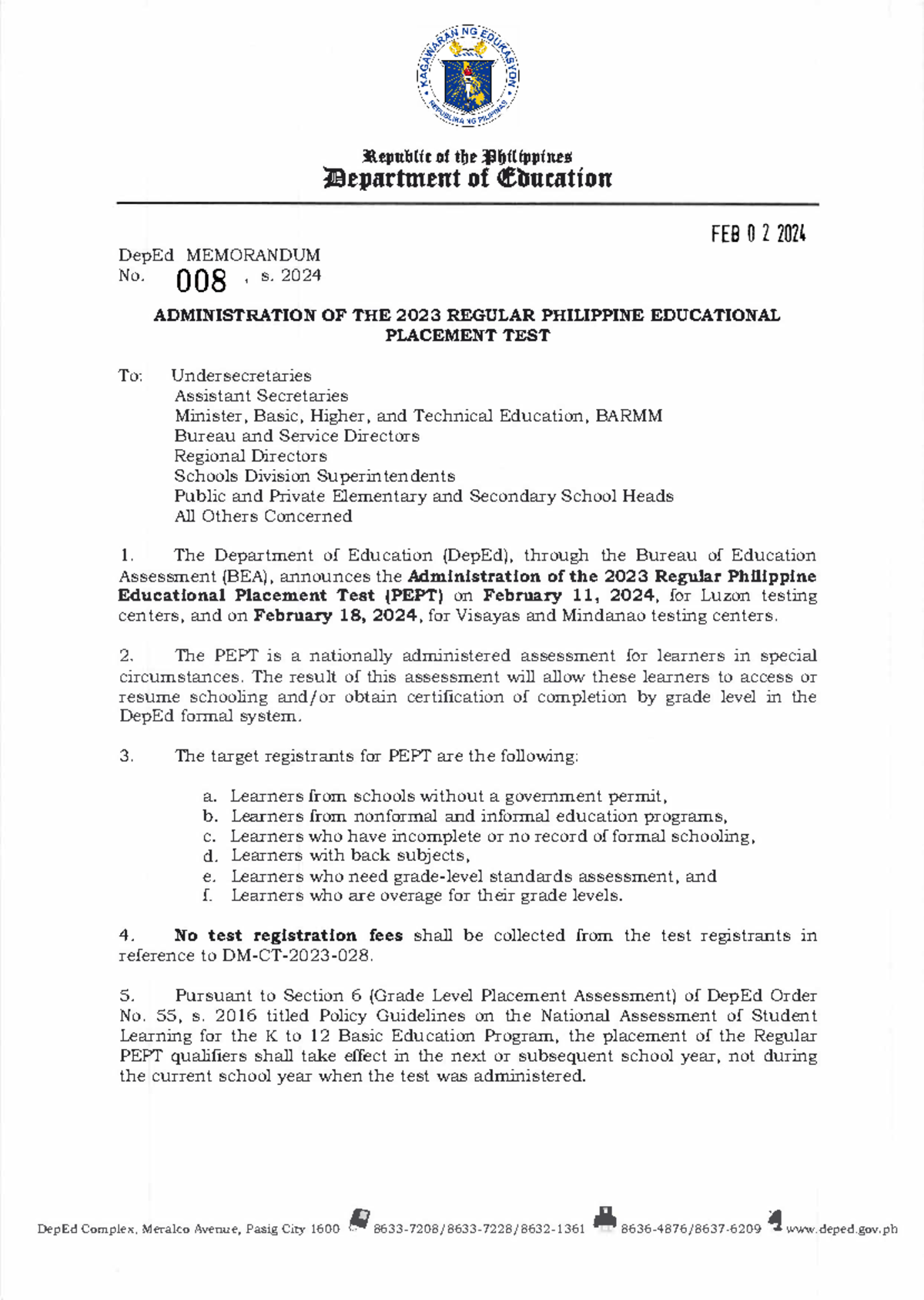 DM s2024 008 - DepEd MEMORANDUM No. , s. 2024 lbpu