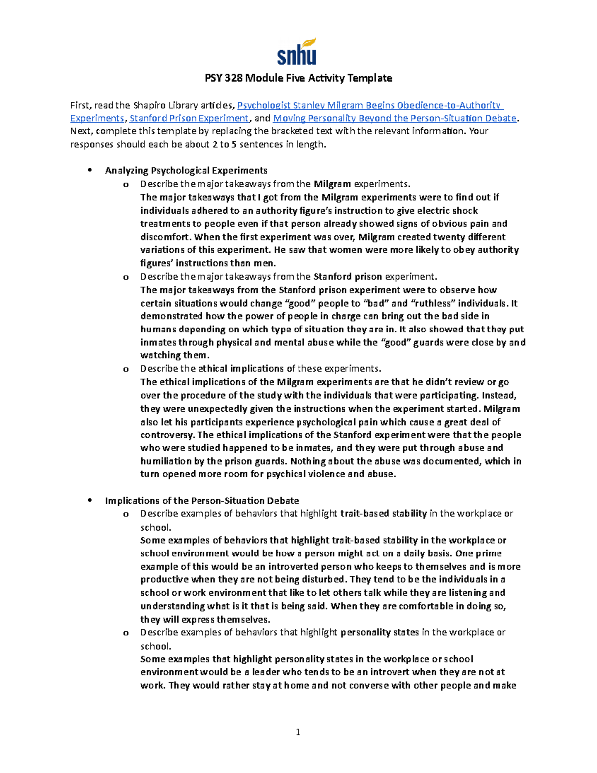 PSY 328 Module Five Activity Template - Next, complete this template replacing the bracketed ...