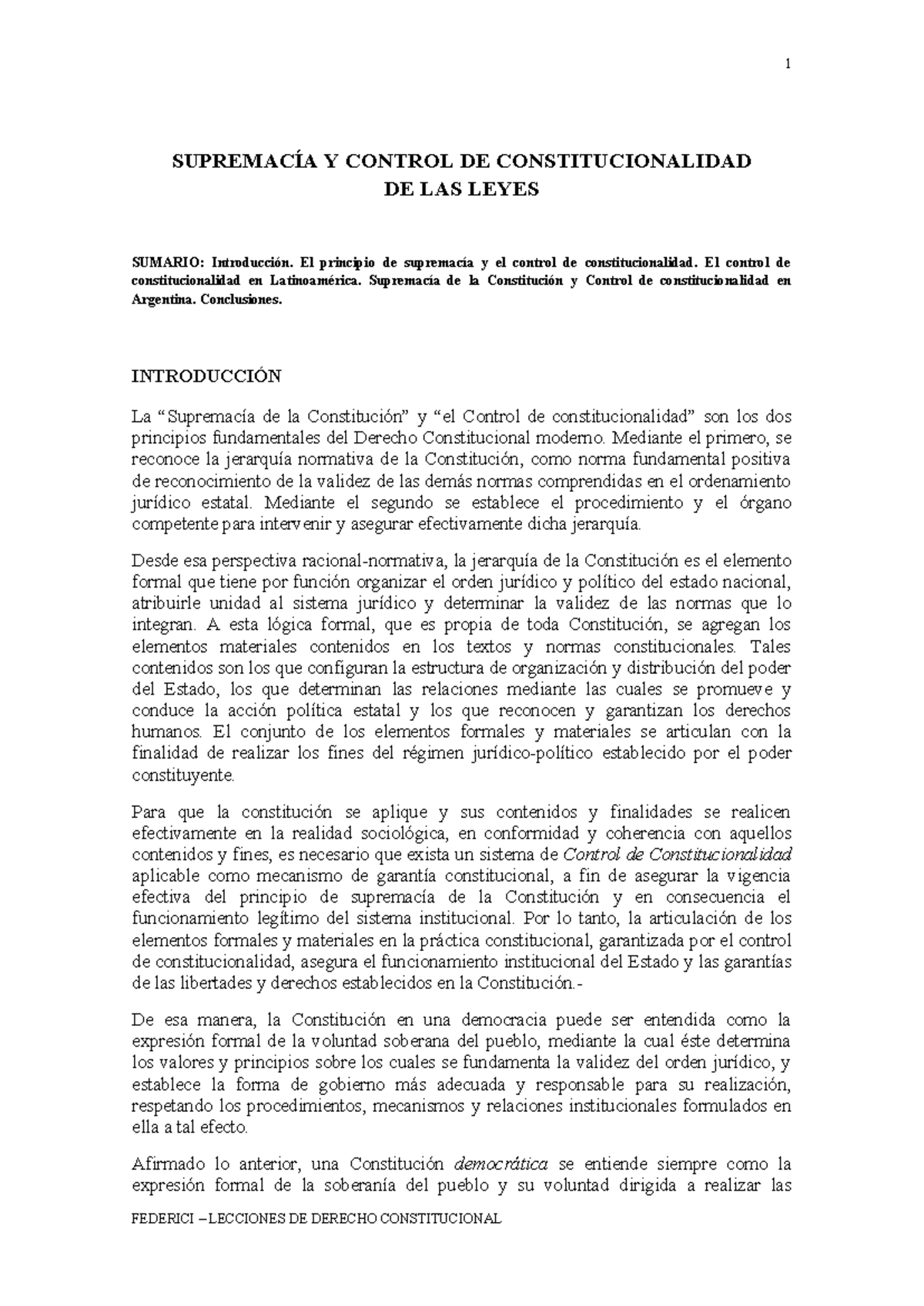 Supremacia Y Control DE Constitucional idad. Mario Federici ...